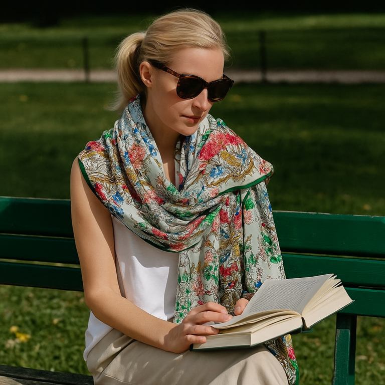 Fular de semiseda de mujer verde de flores , echarpe - Julunggul